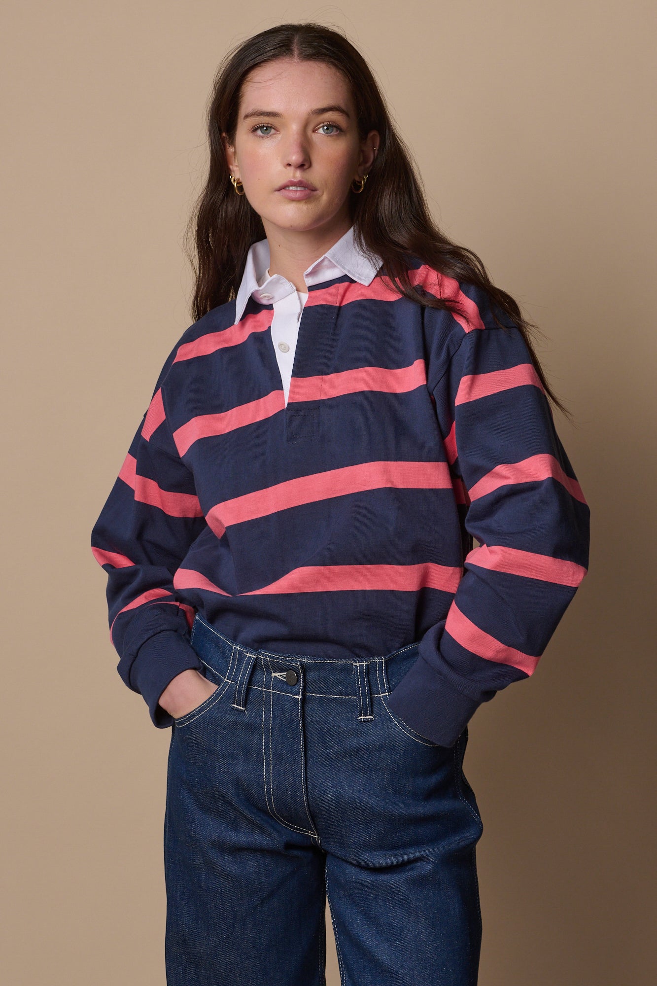 Striped Rugby Shirt - Navy/Pink - Community Clothing